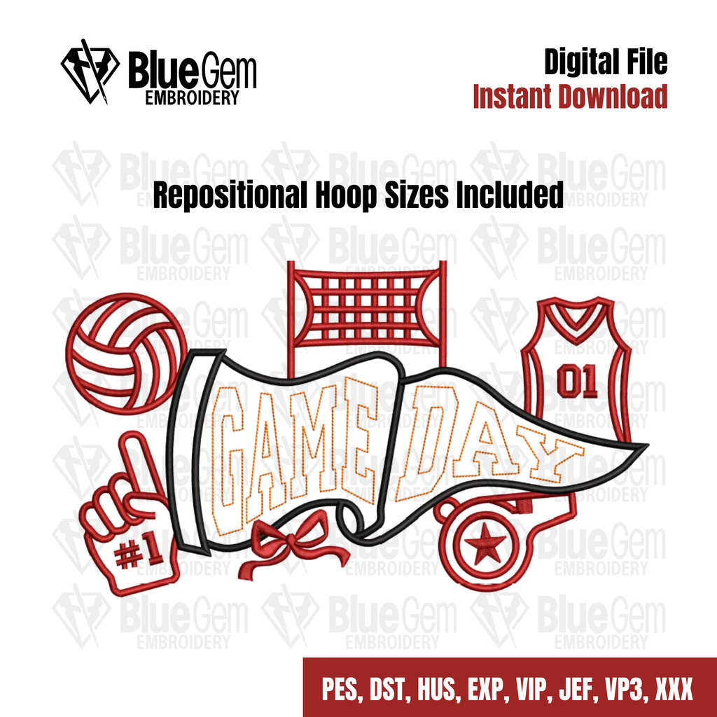 Game Day Volleyball Pennant Flag Embroidery Design – Blue Gem Embroidery