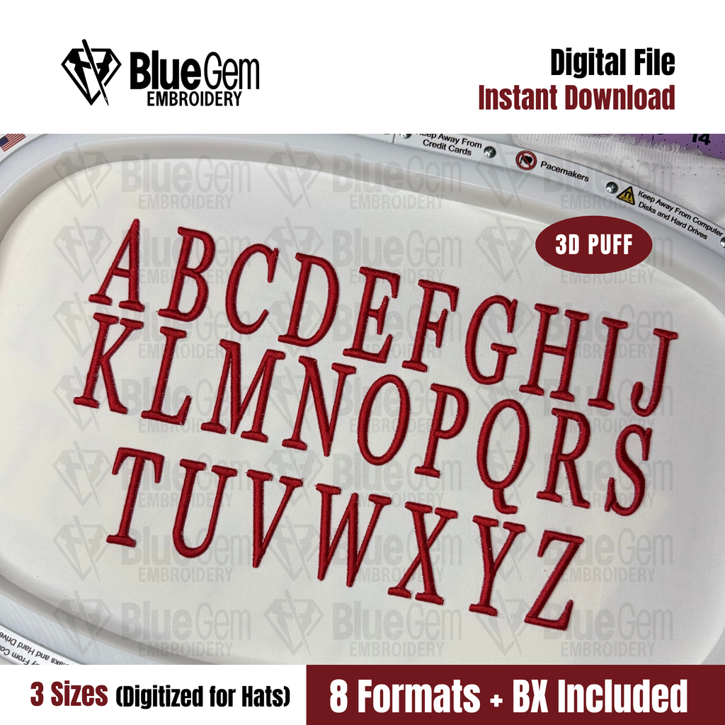 3D Puff Embroidery Font for Hats - Tall 3D Puff Font – Blue Gem Embroidery