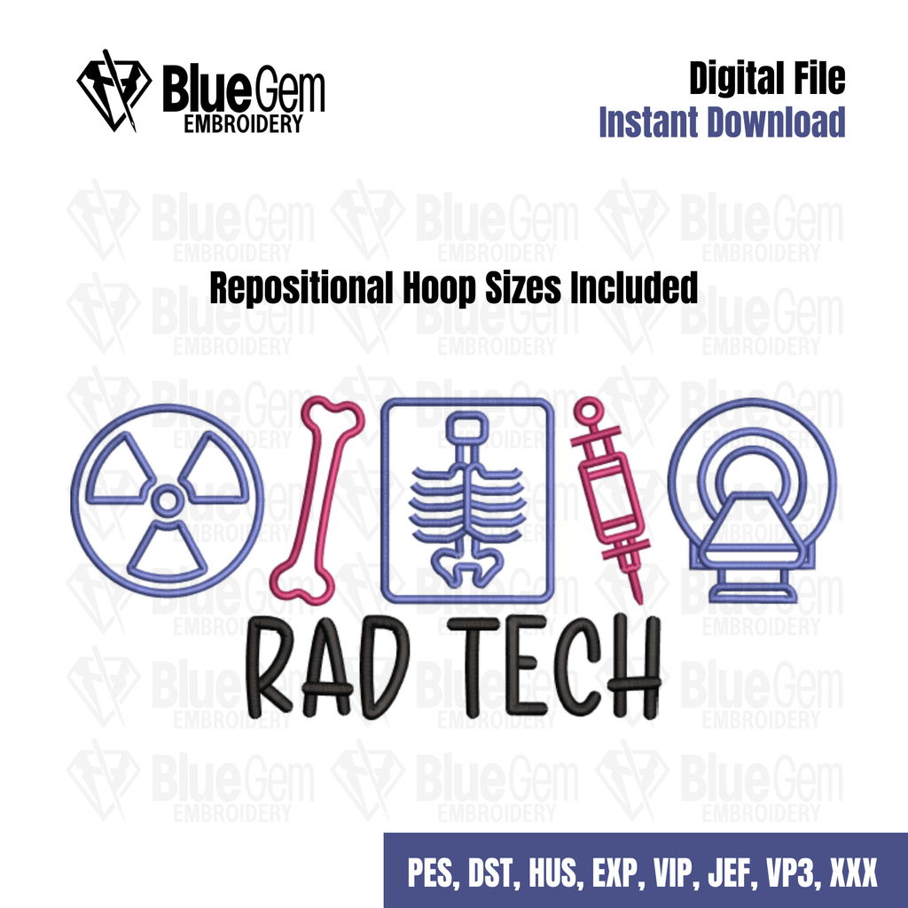 Rad Tech Embroidery Design w Icons – Blue Gem Embroidery