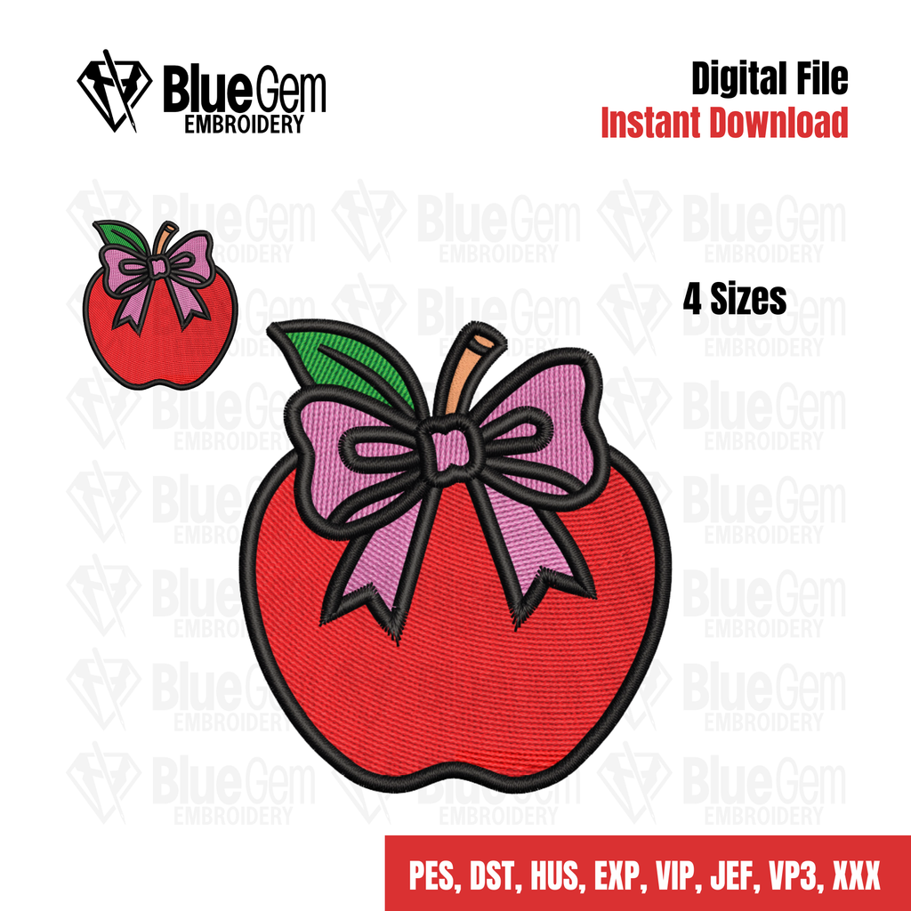 Apple Bow Embroidery Design – Blue Gem Embroidery